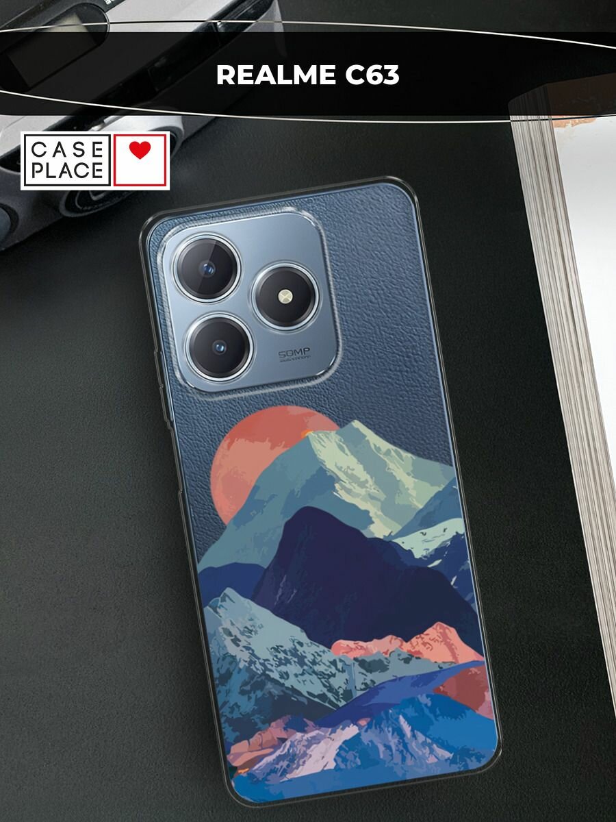 Чехол на Realme C63 / Реалми С63 с принтом "Закат в снежных горах", прозрачный