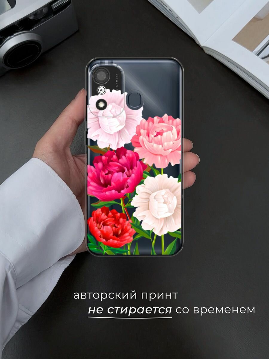 Чехол на Itel A27 / Ител А27 с принтом "Большие пионы", прозрачный — фото 1