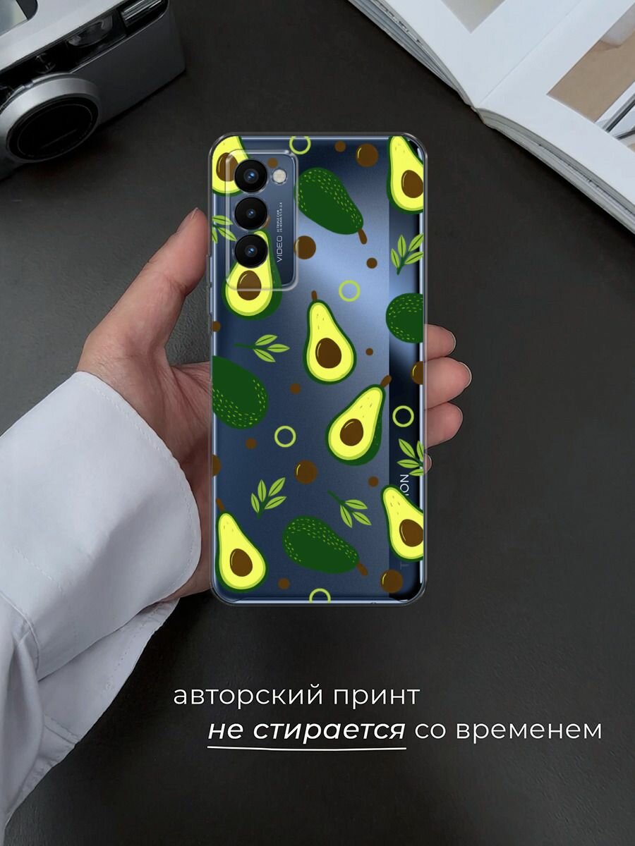 Чехол на Tecno Camon 18P / Техно Камон 18Р с принтом "Авокадо паттерн", прозрачный — фото 1