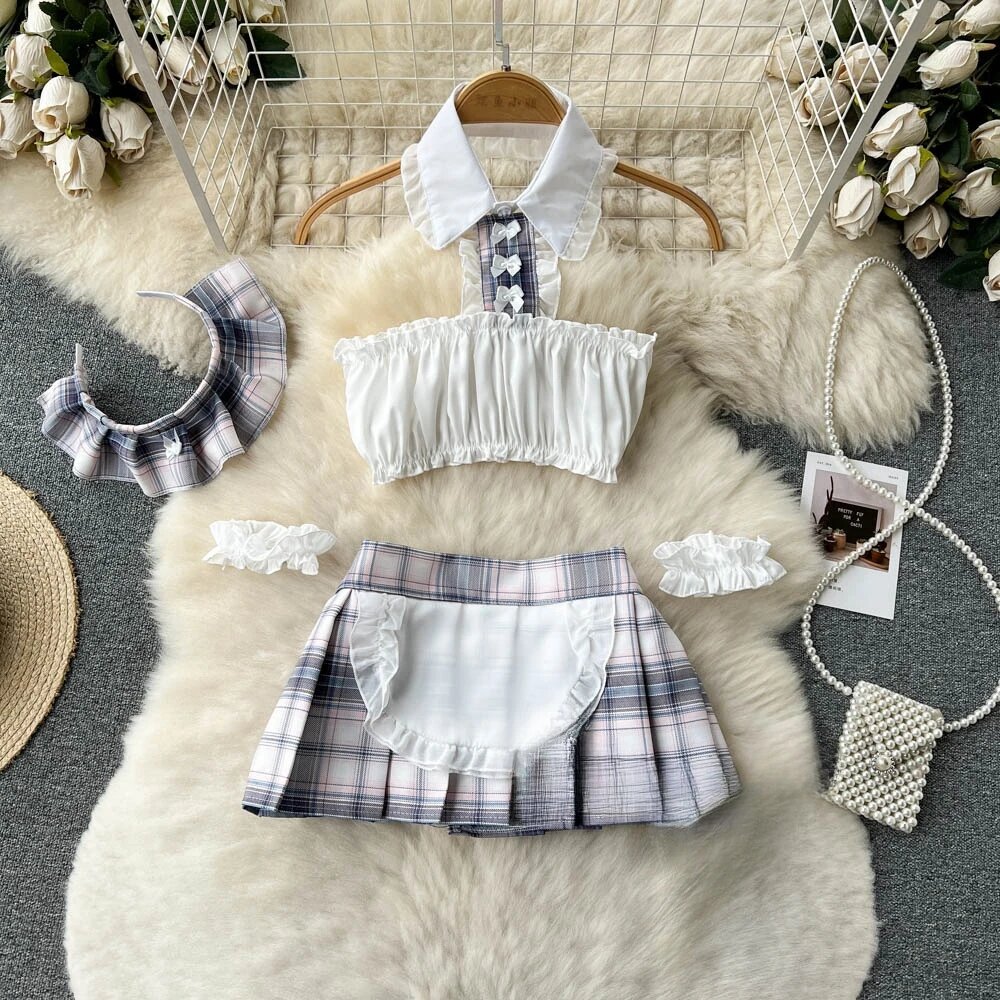 Костюм школьницы в клетку, комплект одежды, Size: S, Color: Qd169-white