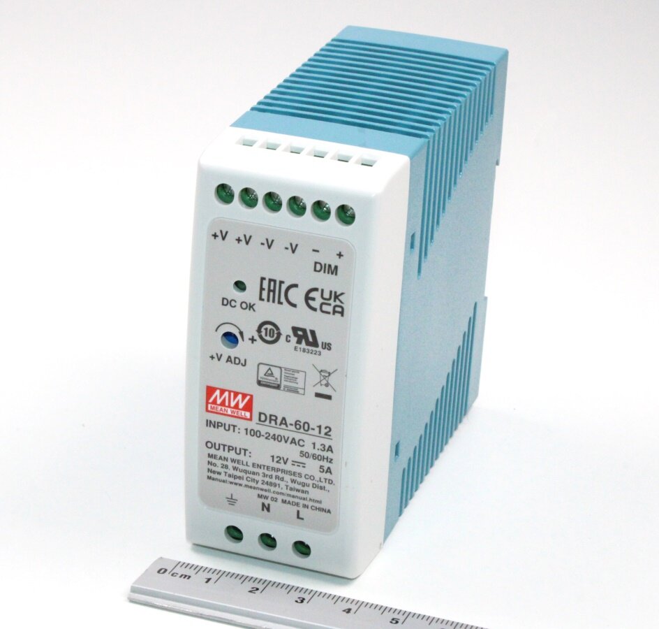 12V, 60W, 5A, 90-264VAC DRA-60-12, Модуль питания сетевой (блок питания на DIN рейку), MW