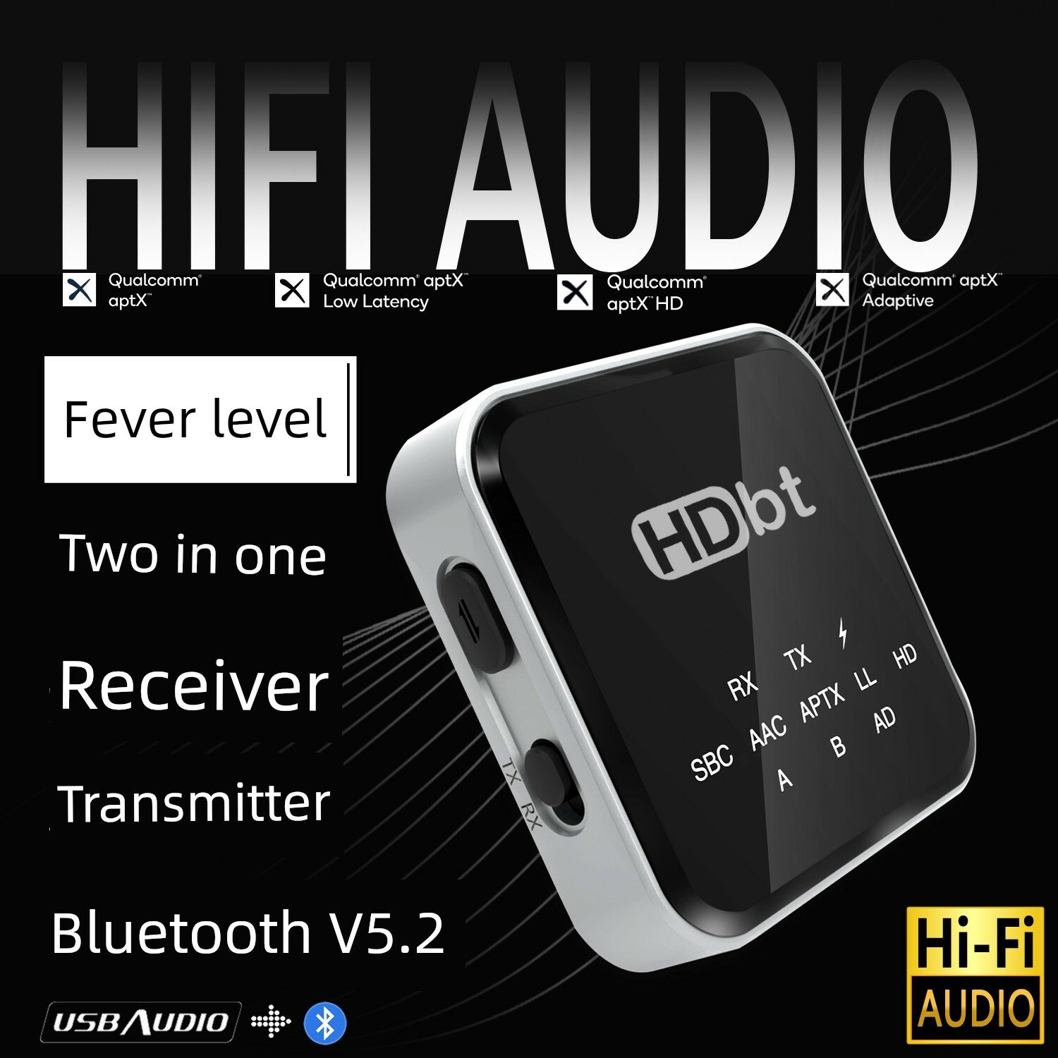 Bluetooth 5.2 Аудиоадаптер с технологией Adaptive APTXHD LL для высококачественного беспроводного воспроизведения B20N+