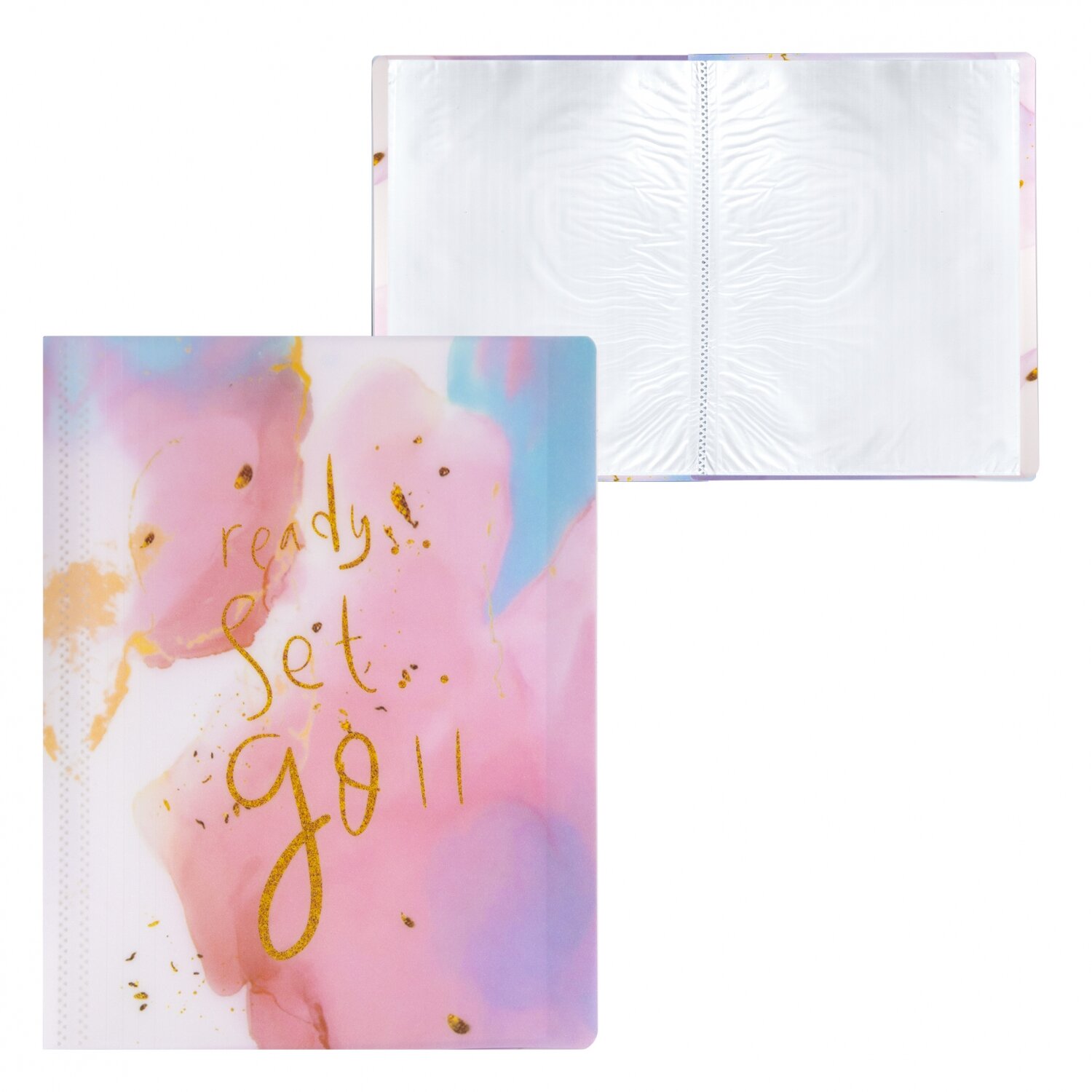 Папка с 20 вкладышами Alingar, А4, 310 х 235 мм, пластик, 400 мкм, мраморный дизайн с надписью "Ready", розовый