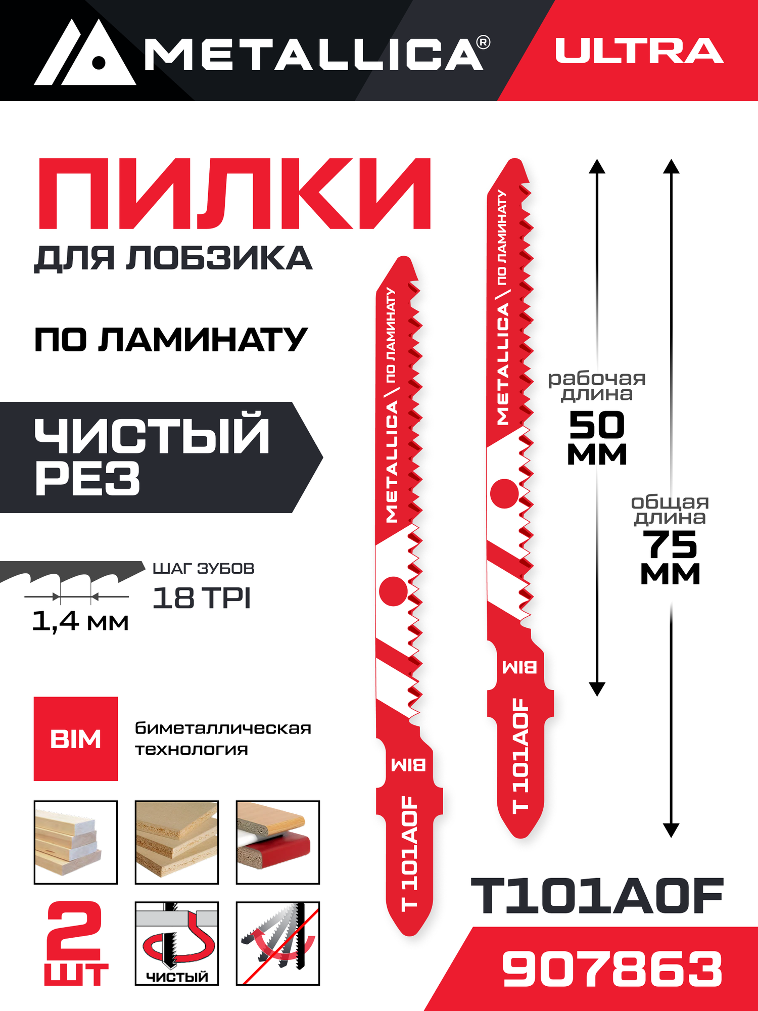 Пилки для лобзика METALLICA T101AOF по дереву/ЛДСП, 75/50 мм, BiM, криволинейный чистый рез, 2 шт.