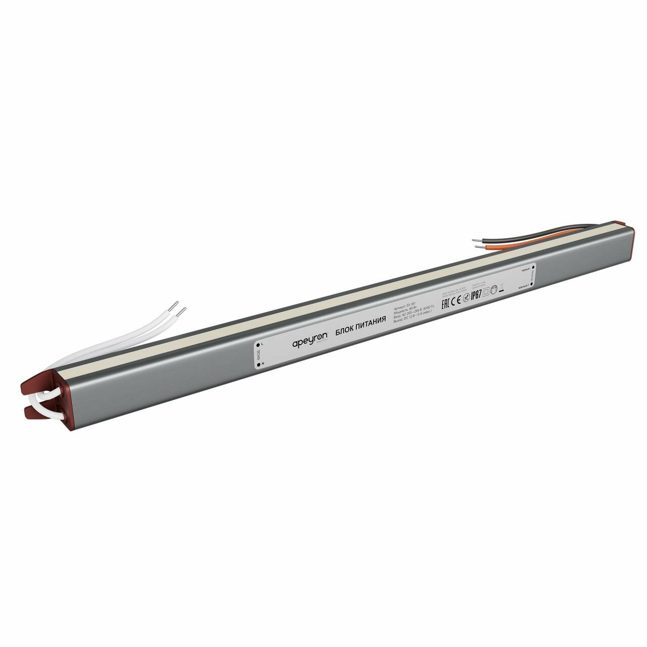 03-181 Блок питания 12В, 60Вт, 200-264В, 5А, IP67, алюм, 312х18х15, ультратонкий, серебро