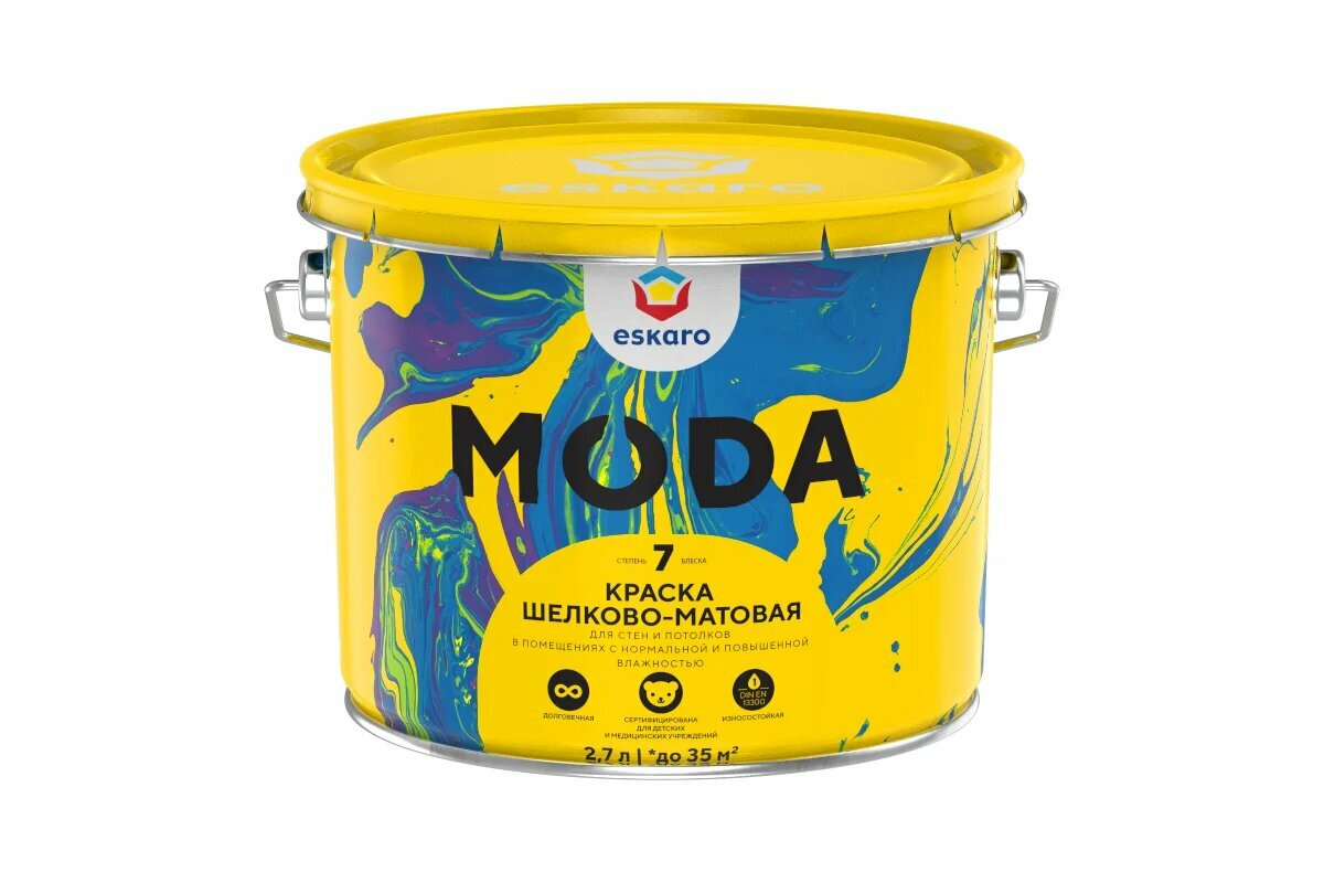 Краска ESKARO Moda 7 для потолков и стен, моющаяся, шелково-матовая, База TR (бесцветная) 2,7л
