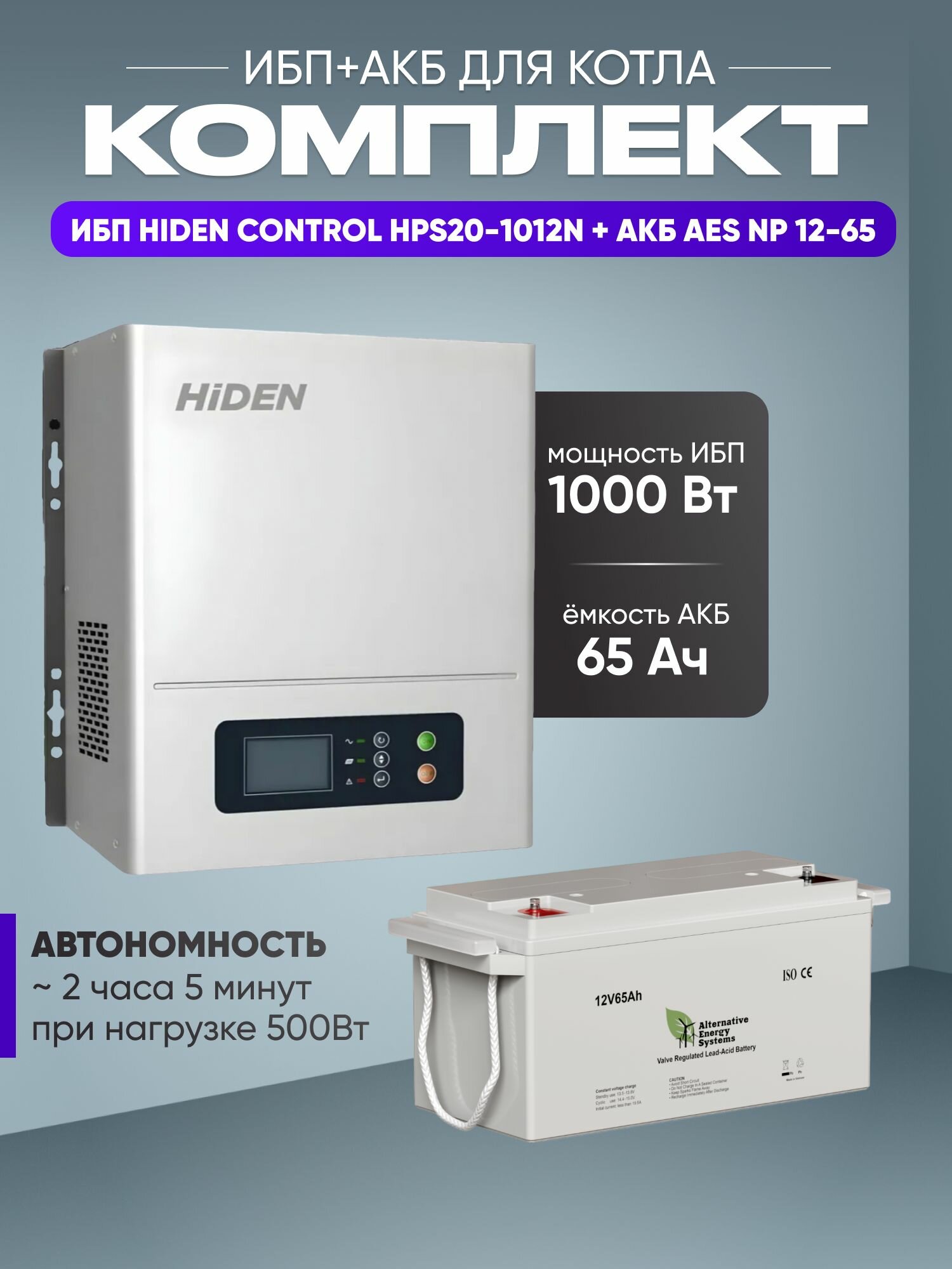 Комплект ИБП с аккумулятором для котла / ИБП для котла Hiden Control HPS20N 1000Вт, 12В + АКБ AES NP 12-65 / бесперебойник для котла отопления / источник бесперебойного питания