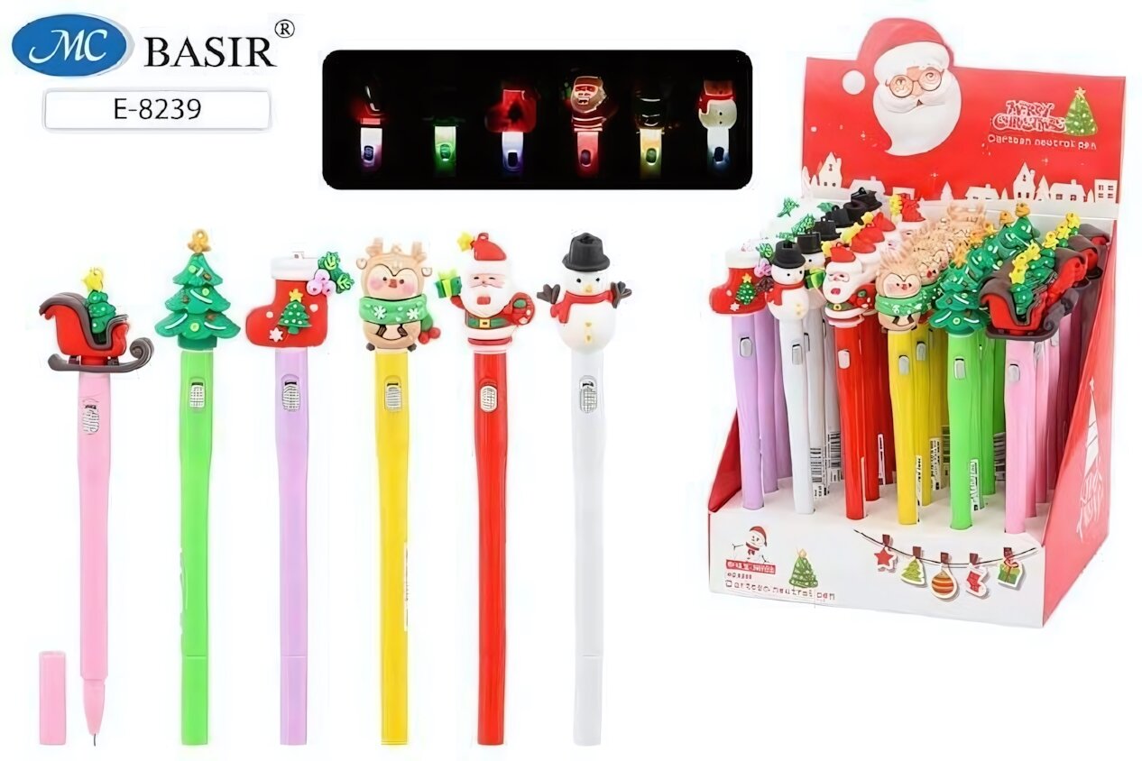 Ручка шариковая синяя "Новогодние" Basir, с фонариком-Дедом Морозом, цветной корпус, ассорти, синие чернила