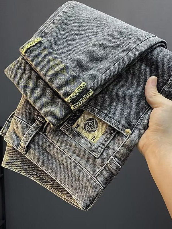 Тренд RONG CH Мужские Джинсы Лето Дымчато-Серые Вышивка Слим Кроп Эластичные Деним, Размер_33