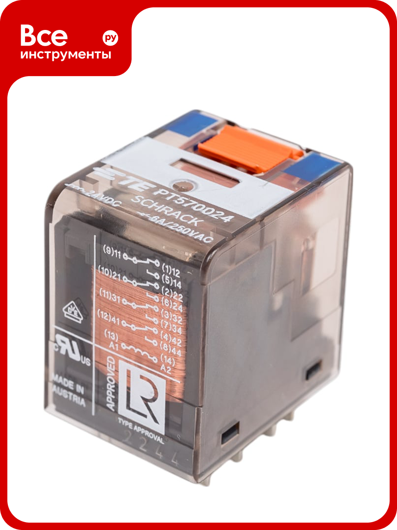Промежуточное реле Schrack Technik PT, 4 переключающих контакта, 6А, 24VDC артикул Австрия