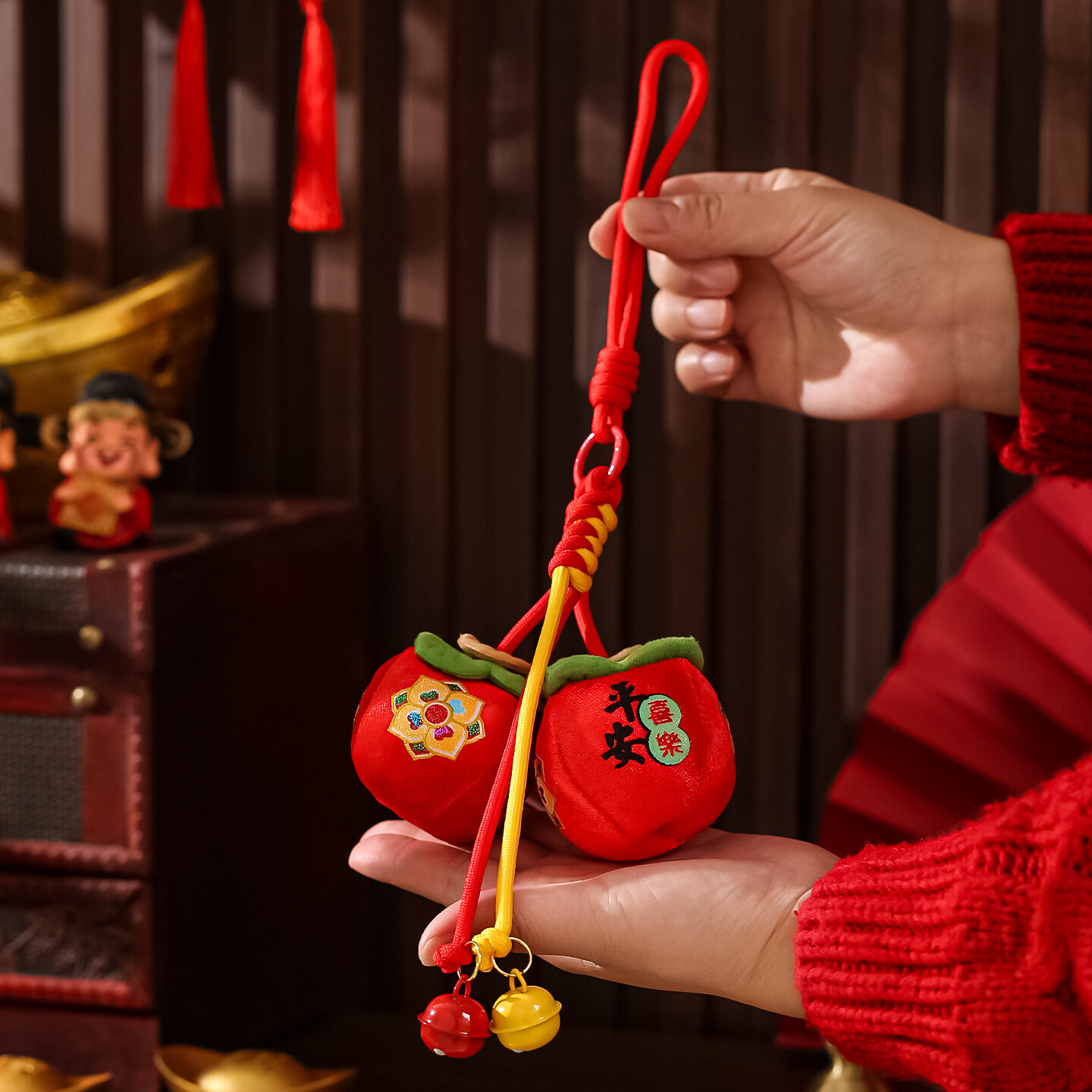 2026 Год Коня Новогодний Подвеска Двойная Хурма Плюшевый Подвесной Орнамент Автомобиль Мир и Радость Декор Автомобиля Внутреннее Украшение Подарок на Весенний Фестиваль