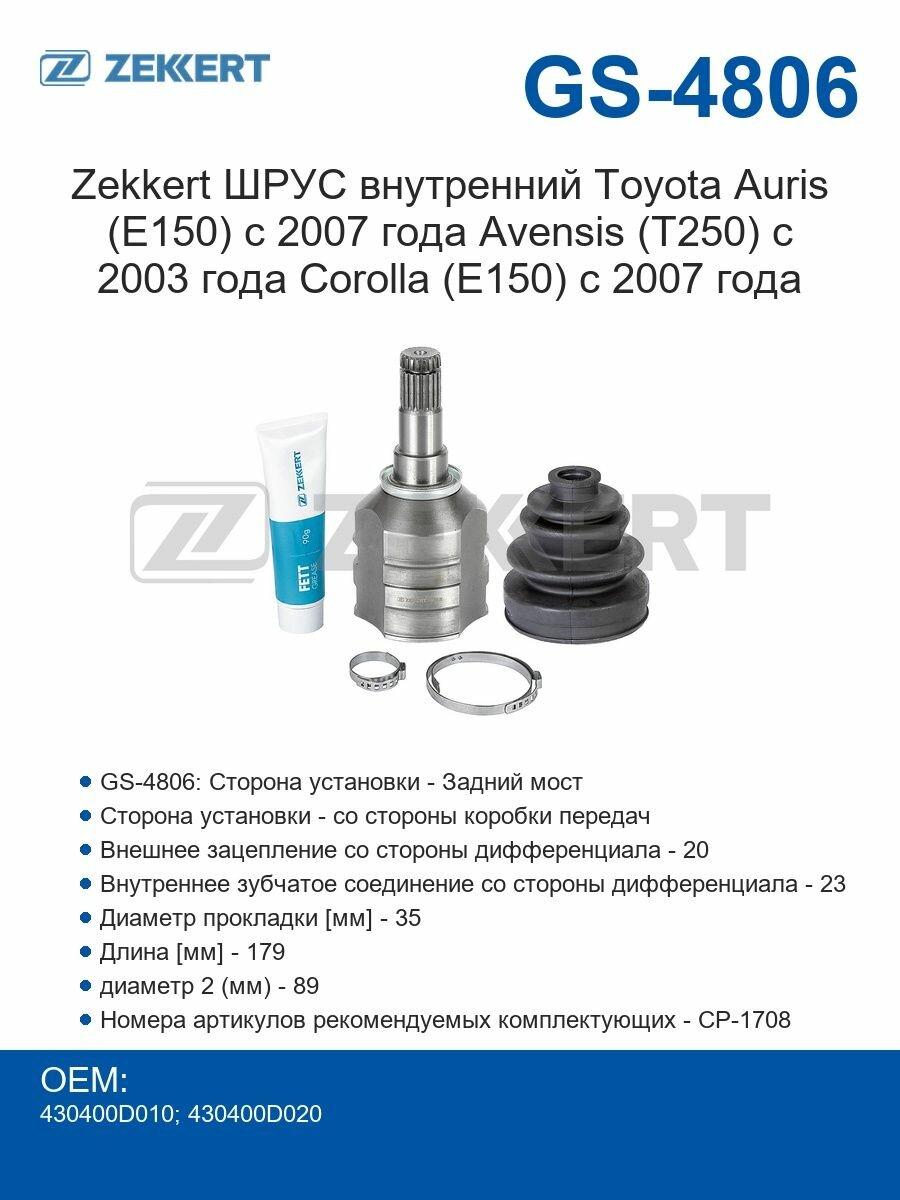 Zekkert ШРУС внутренний Toyota Auris (E150) с 2007 года Avensis (T250) с 2003 года Corolla (E150) с 2007 года