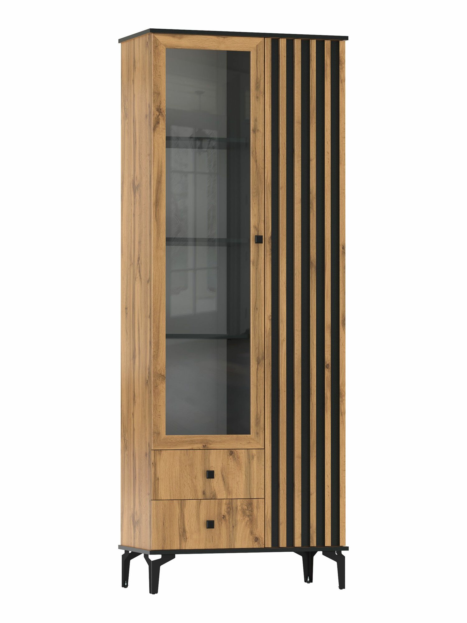 Шкаф-витрина Либерти Комби с полками, с ящиками, с ножками, 82х42.9х217 см, Дуб Вотан / Черный