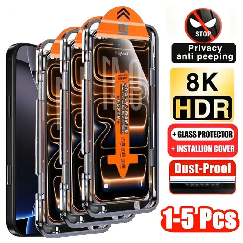1-5 шт. Защитное стекло для iPhone 17 Pro Max 16 15 14 13 12 11 Plus 7 8 XS XR с защитой от подглядывания, без пыли при установке, антишпионское закаленное стекло