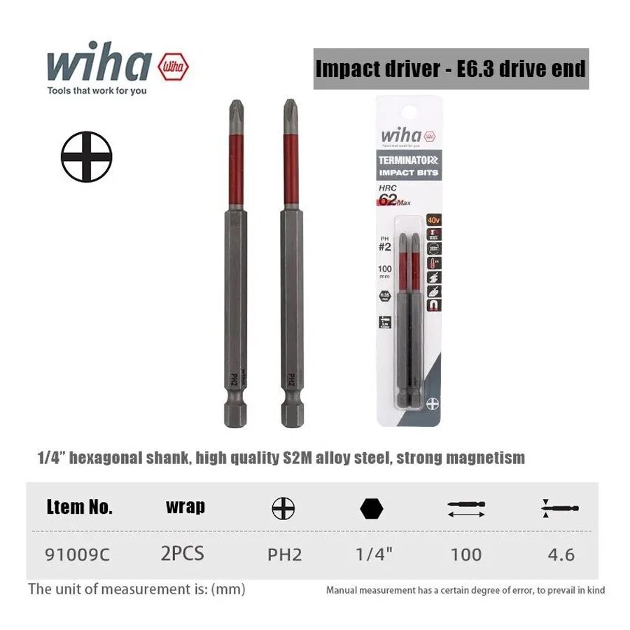 Wiha Impact Driver Bit PH2 100 мм, 2 шт. 91009C