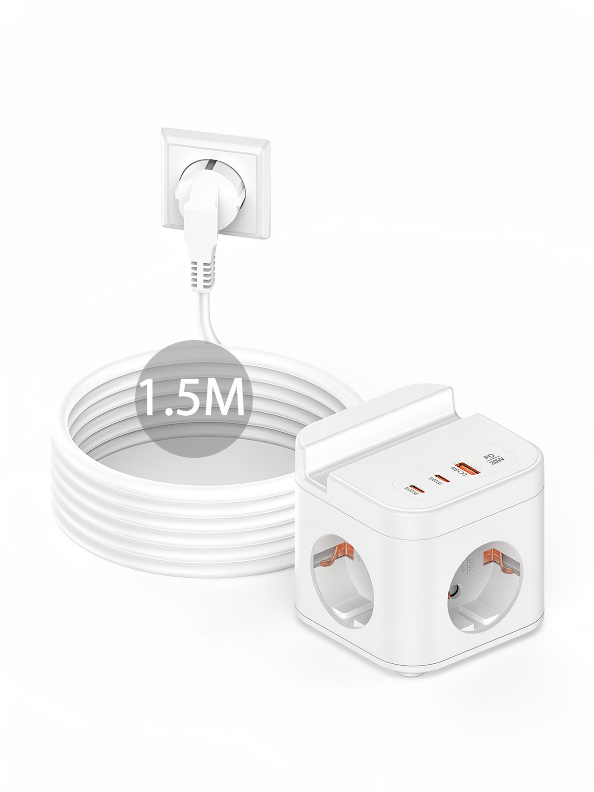 Удлинитель сетевой кубический 1,5 м, 3 розетки, 2 USB-C PD 20W + 1 USB-A быстрой зарядки, встроенный держатель для смартфона, 3680 Вт