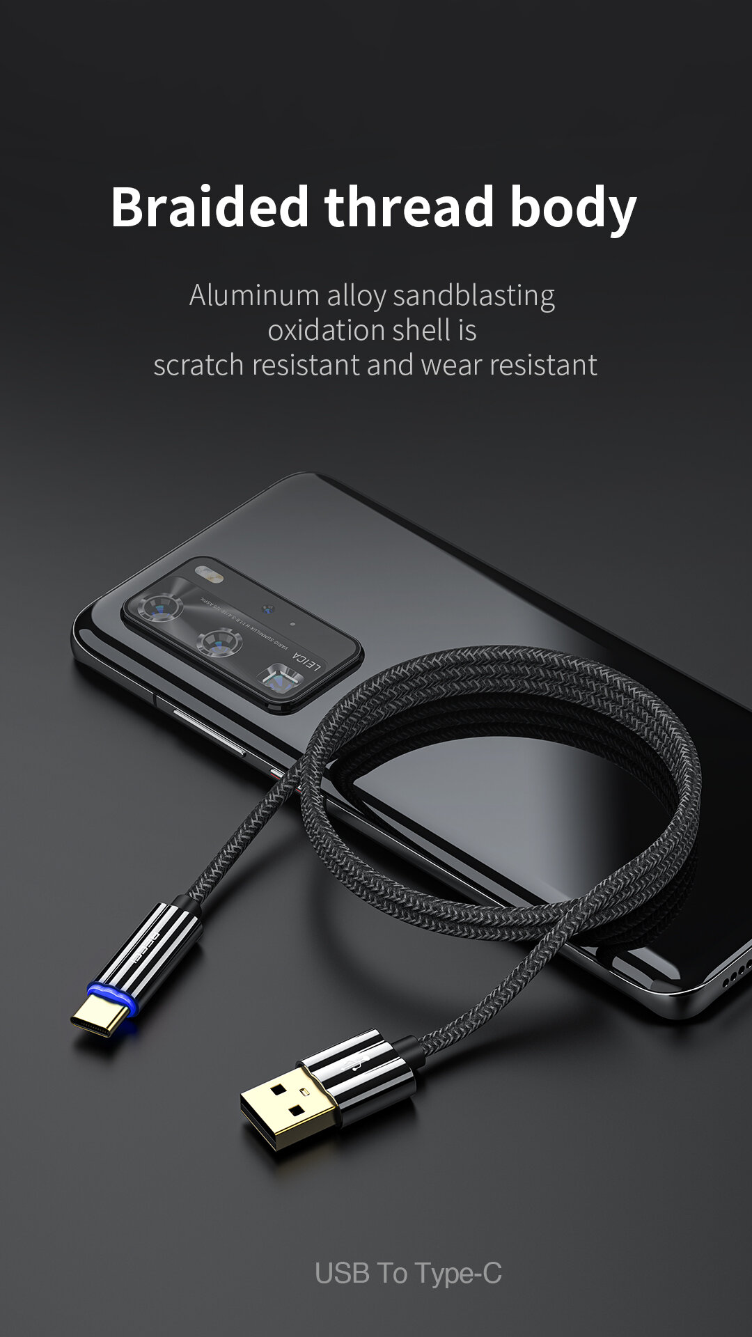 Кабель для быстрой зарядки и передачи данных Recci Smart Power-Off RS03, USB to Type-C, 3A, 1 метр, Черный