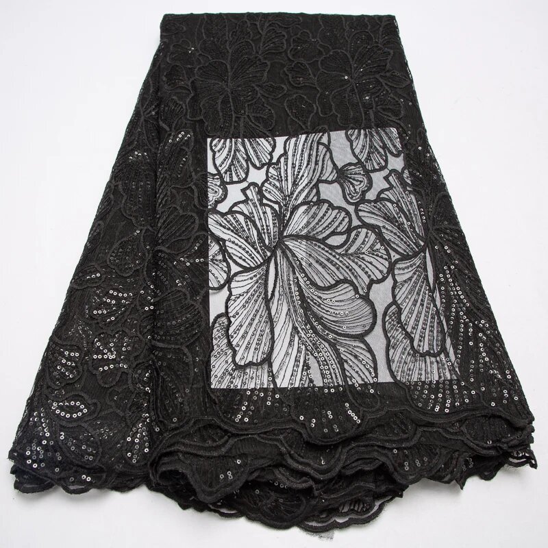 Кружевная сетчатая ткань с пайетками zhenguiru 120см Черный, French Lace16, 5 ярдов