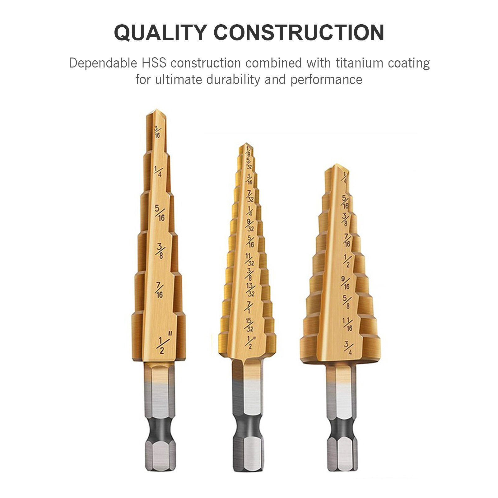 Набор ступенчатых сверл по металлу 3 шт, HSS, титан, для пластика, дерева, металла.