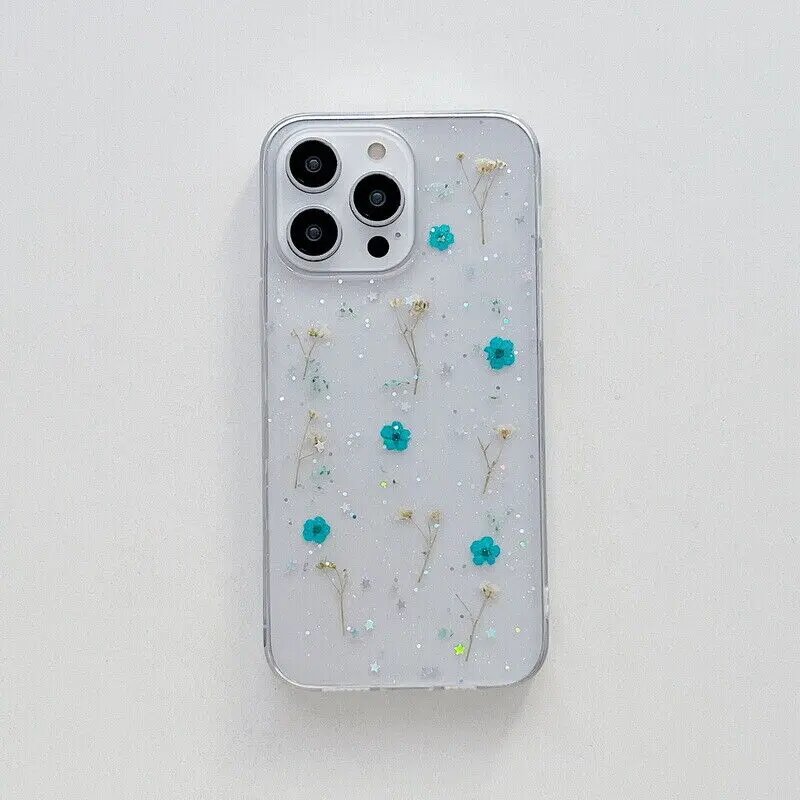 Чехол для iPhone 13 с сухими цветами, голубой, эпоксидная смола