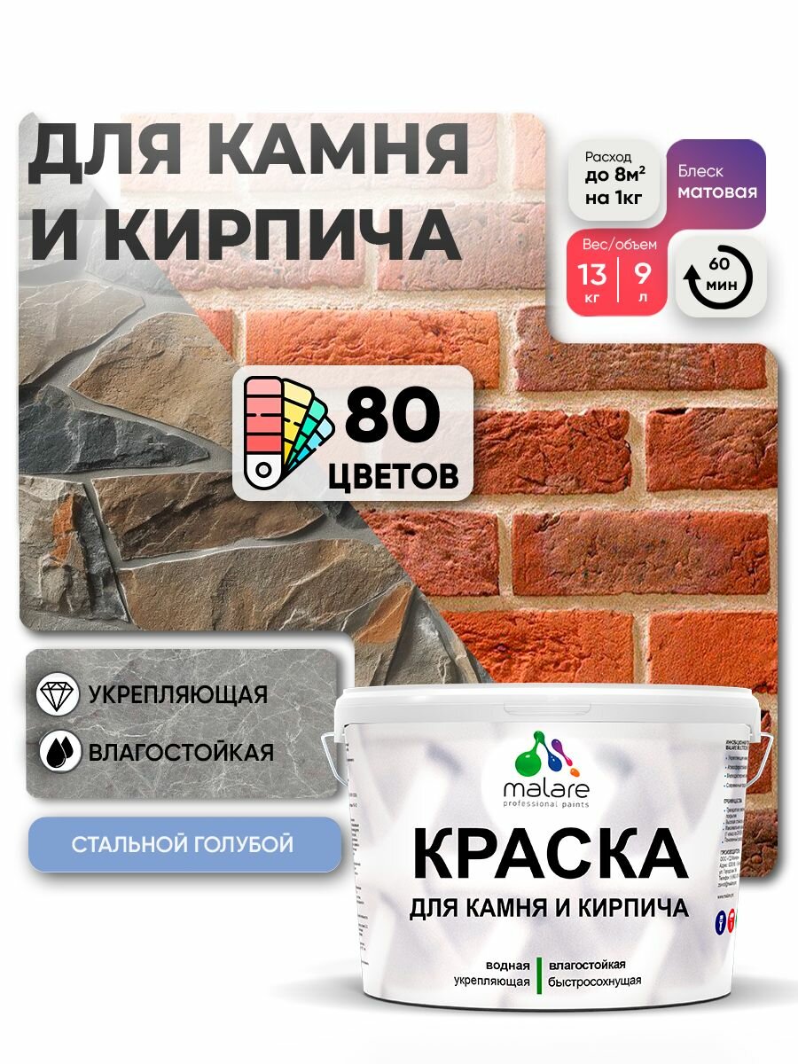 Краска Malare для камня и кирпича, по бетону и штукатурке, для минеральных поверхностей, без запаха, матовая, стальной голубой, (9л - 13кг).