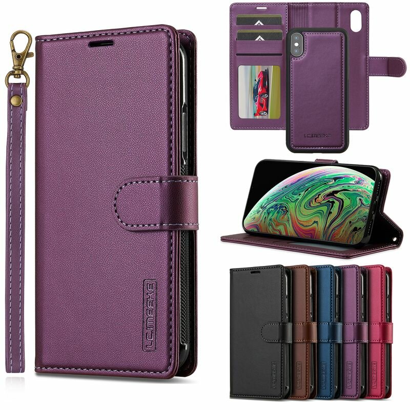 LCIMEEKE Чехол-книжка для Apple iPhone X / iPhone XS (Айфон Х / Айфон ХС) Роскошный дизайнерский 2 в 1 съемный кожаный чехол-кошелек с ремешком на руку