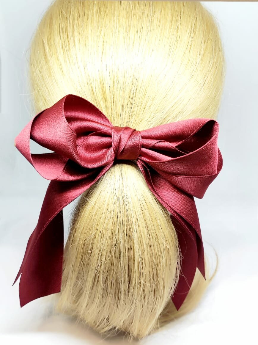Зажим-автомат для волос с объемным бантом из сатина, бордового цвета
