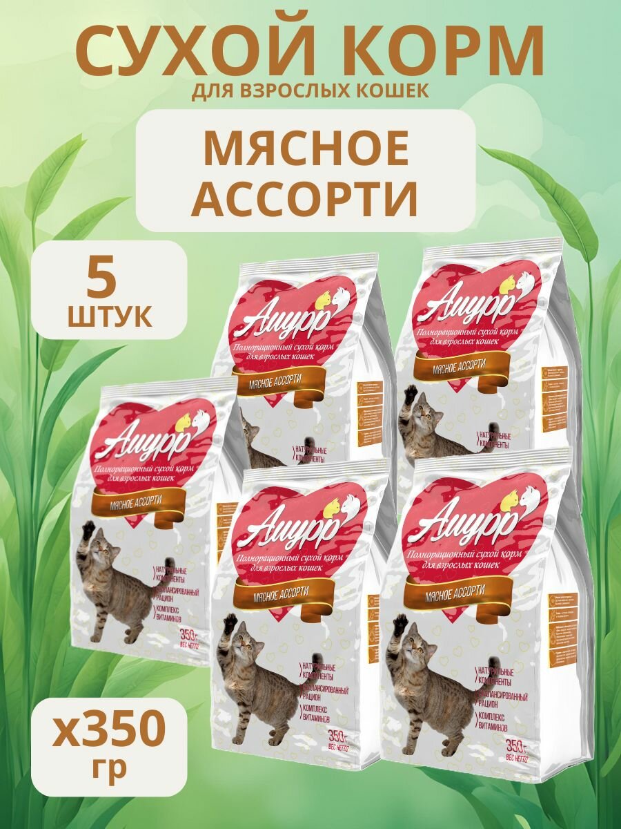 Корм для кошек сухой Амурр полнорационный, Мясное ассорти 350 гр / 5 шт