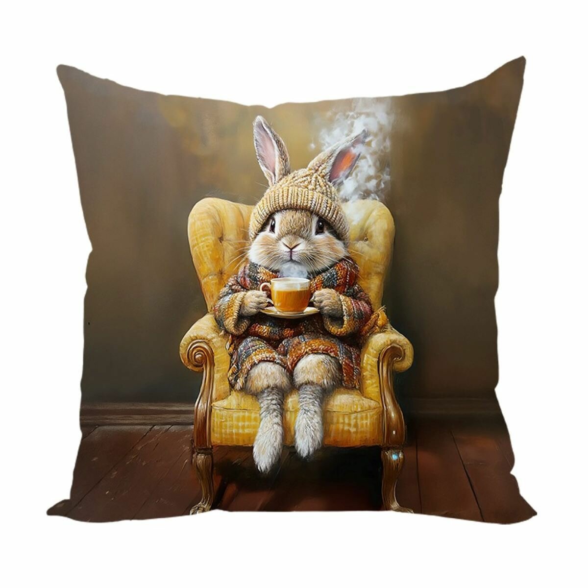 Подушка декоративная Кролик с кружкой чая 40х40 велюр
