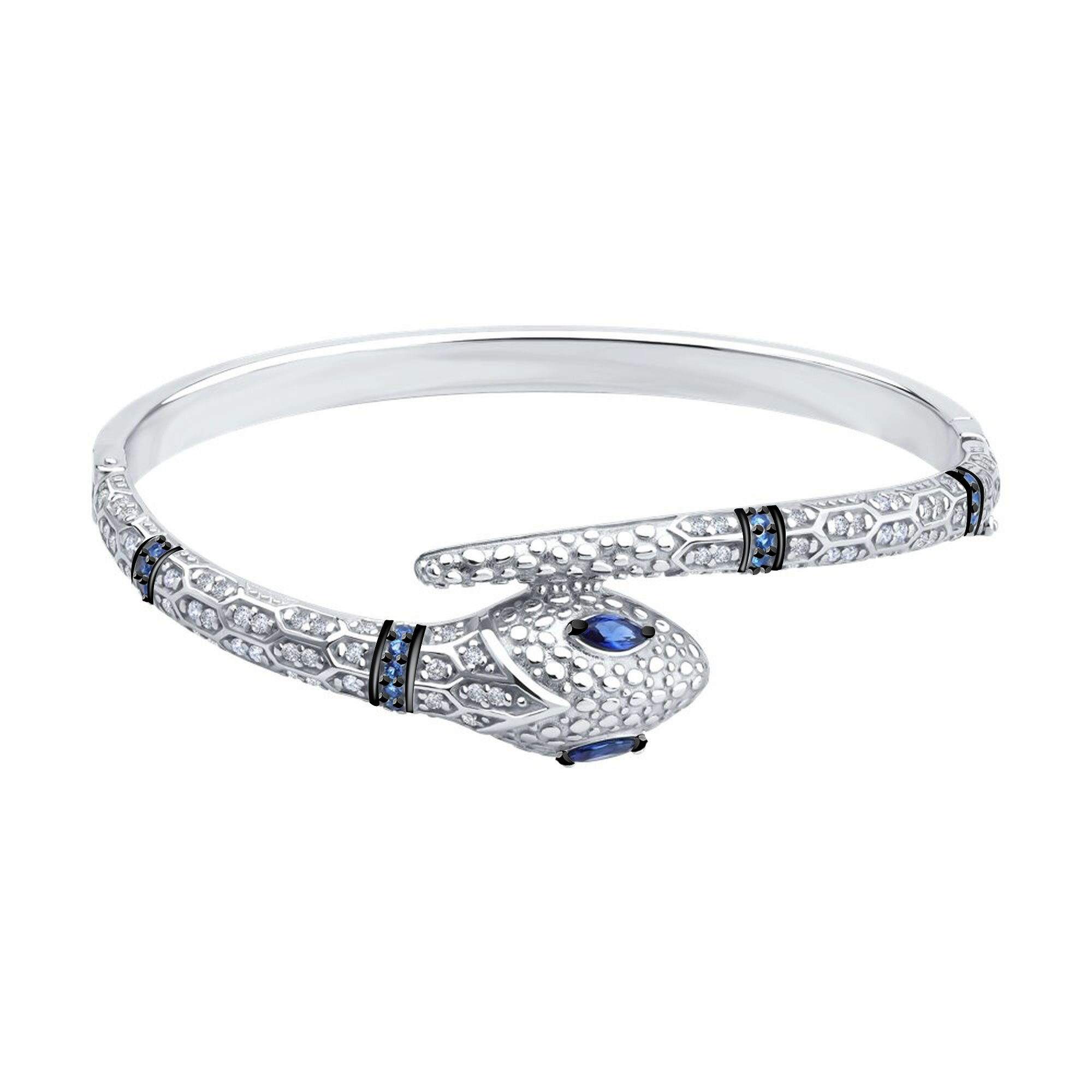 Жесткий браслет, серебро, 925 проба, родирование, фианит