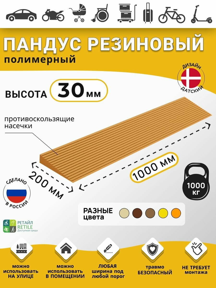 Пандус резиновый рубеж для порогов высотой 3 см (30х1000х200 мм), светло-коричневый, для колясок, склада и автомобилей
