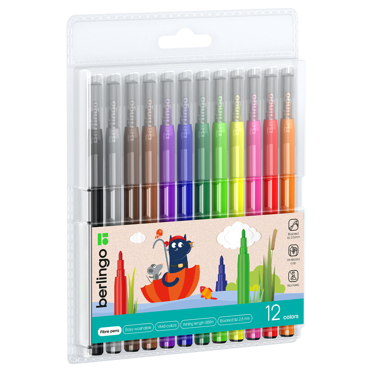 Комплект 12 шт, Фломастеры Berlingo "Жил-был кот", 12цв, смываемые, блистер
