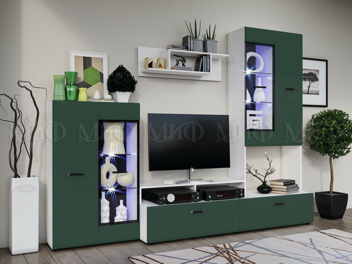 Гостиная мебель Миф Нэнси NEW МДФ Вариант №3 Браш Мени Грин/ Белый с подсветкой