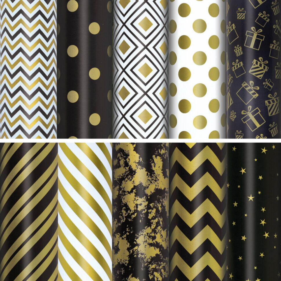 Бумага упаковочная подарочная мелованная "Golden pattern", 70x100 см, 10 дизайнов ассорти, золотая сказка, 591912, 50 шт, 591912