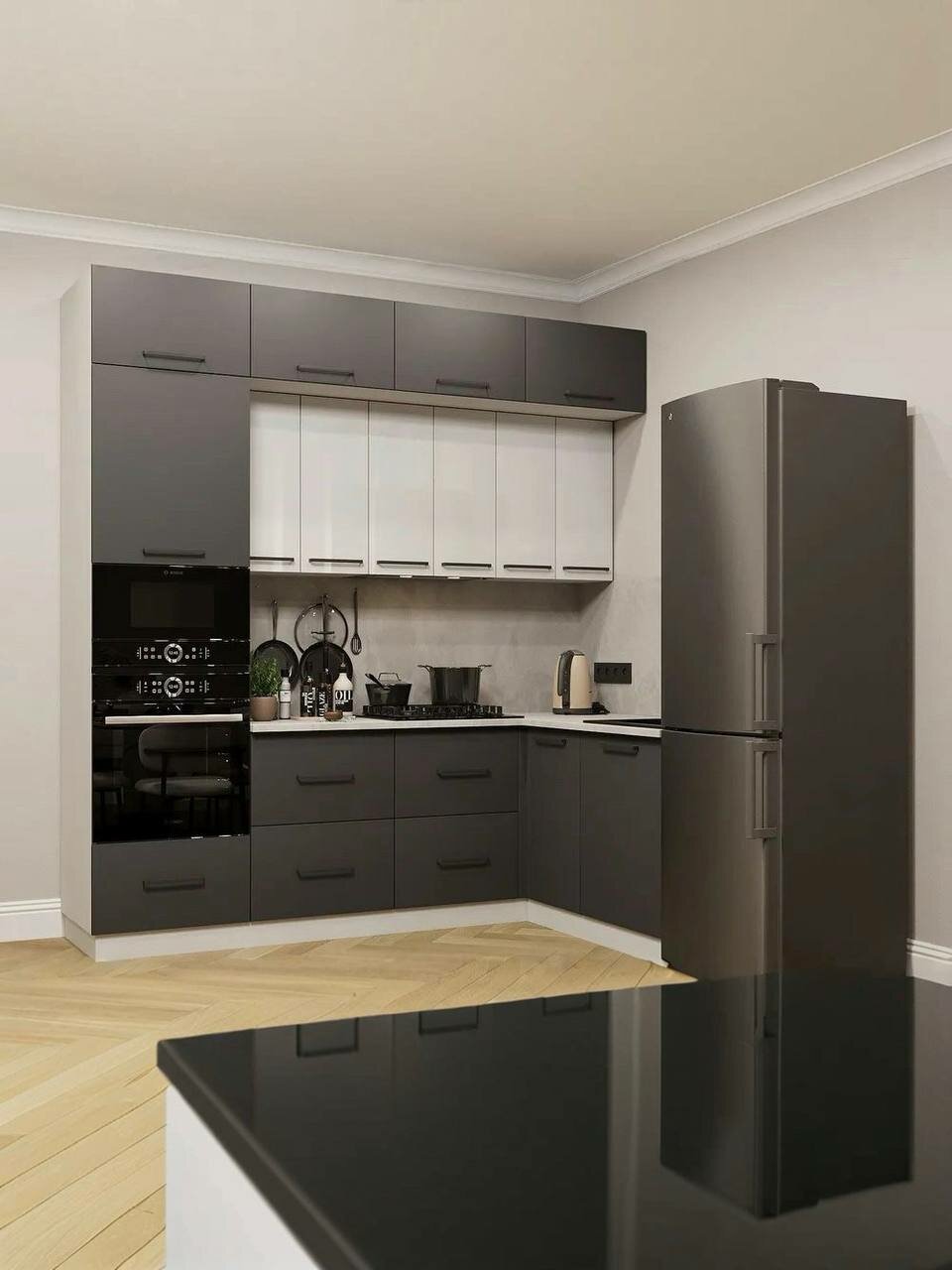 Модульная кухня угловая ЛДСП 2,4х1,6м белый глянец/графит со столешницей и пеналом под духовой шкаф