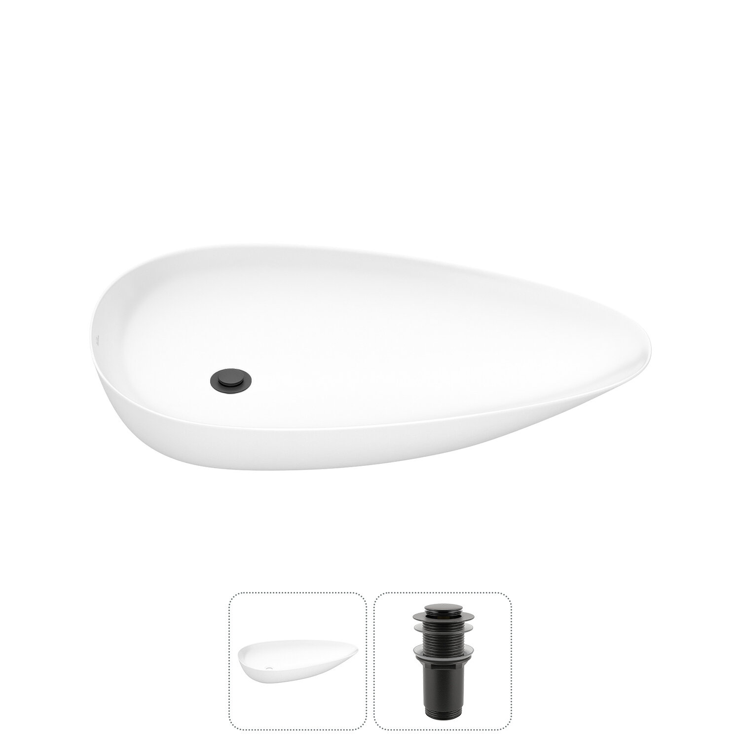 Накладная раковина в ванную комнату Wellsee Faze Moment 20212158R в наборе 2 в 1: раковина 76 см в цвете белый глянец, донный клапан в цвете матовый черный