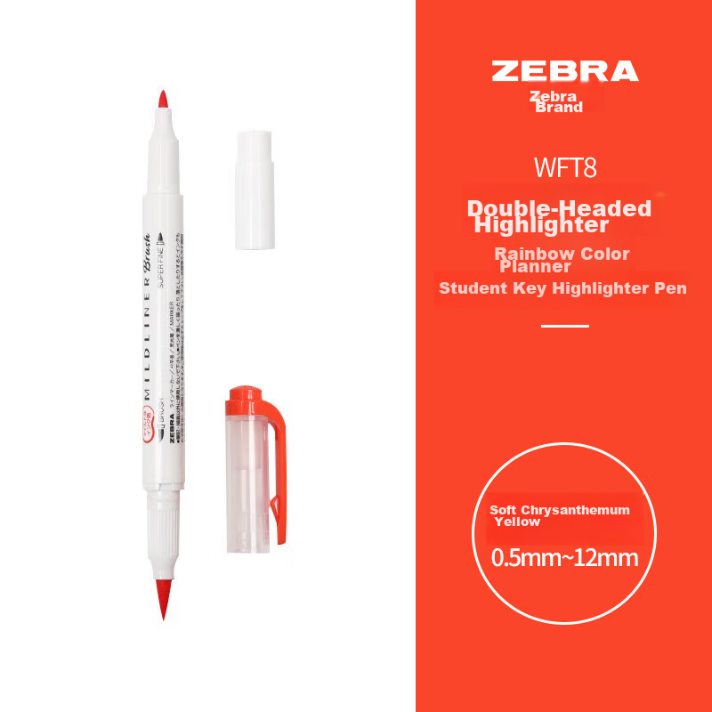 ZEBRA Dual-Tip Highlighter Pen, Rainbow Color Planner Pen, Student Highlighting Pen, Marking Pen, Brush Soft Color Series, WFT8, Soft Chrysanthemum Yellow