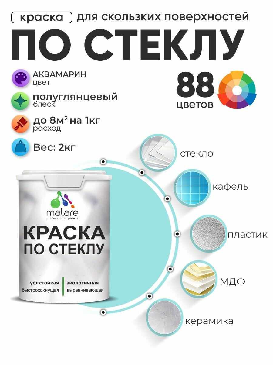Краска Malare по стеклу и керамике, для декора и творчества, акриловая без запаха, быстросохнущая, моющаяся, полуглянцевая, аквамарин, 2 кг.