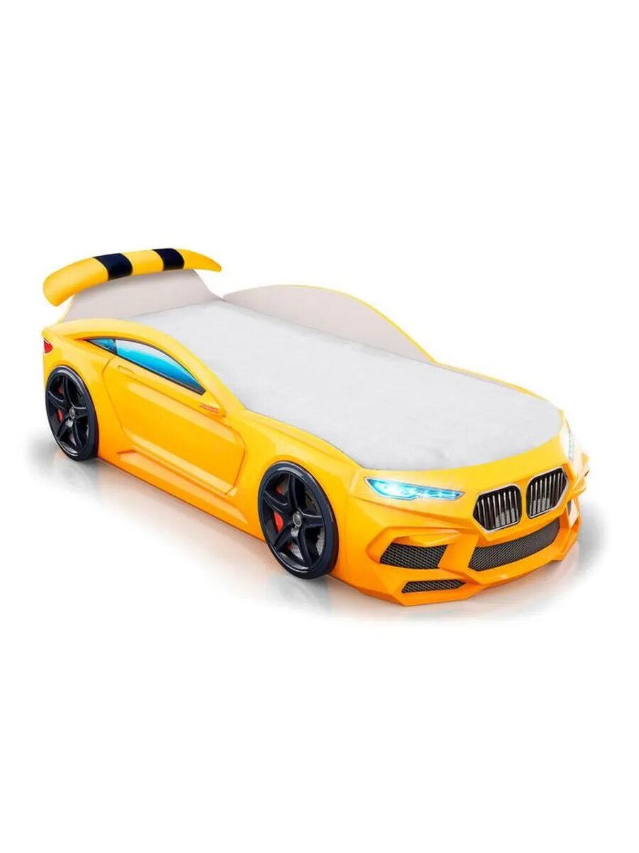 Кровать-машина Ромео 70х170 см, с основанием настил, без ящика, с мягким спойлером, Желтый