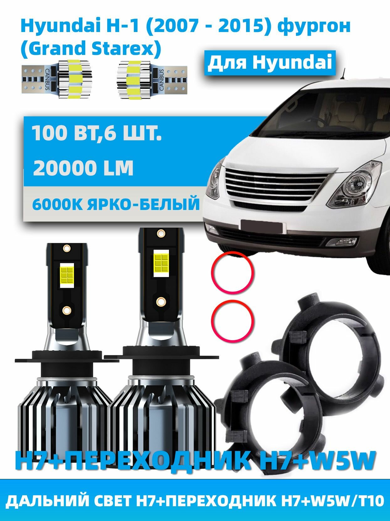 Для Hyundai H-1 (2007 - 2015) фургон (Grand Starex) Starex) Д 2015) Светодиодные лампы H7, диодные лампы H7 LED