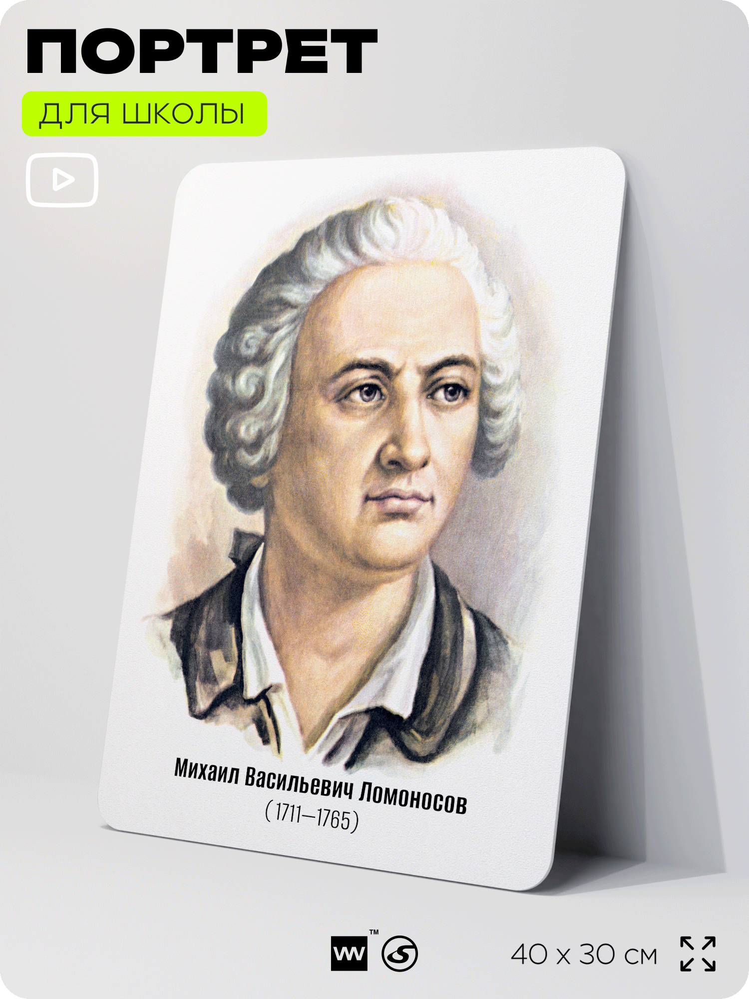 Портрет для школы в кабинет литературы и русского языка "Ломоносов Михаил Васильевич", стенд школьный для класса, для оформления классного уголка, 40х30 см, Silver Plane x Айдентика Технолоджи