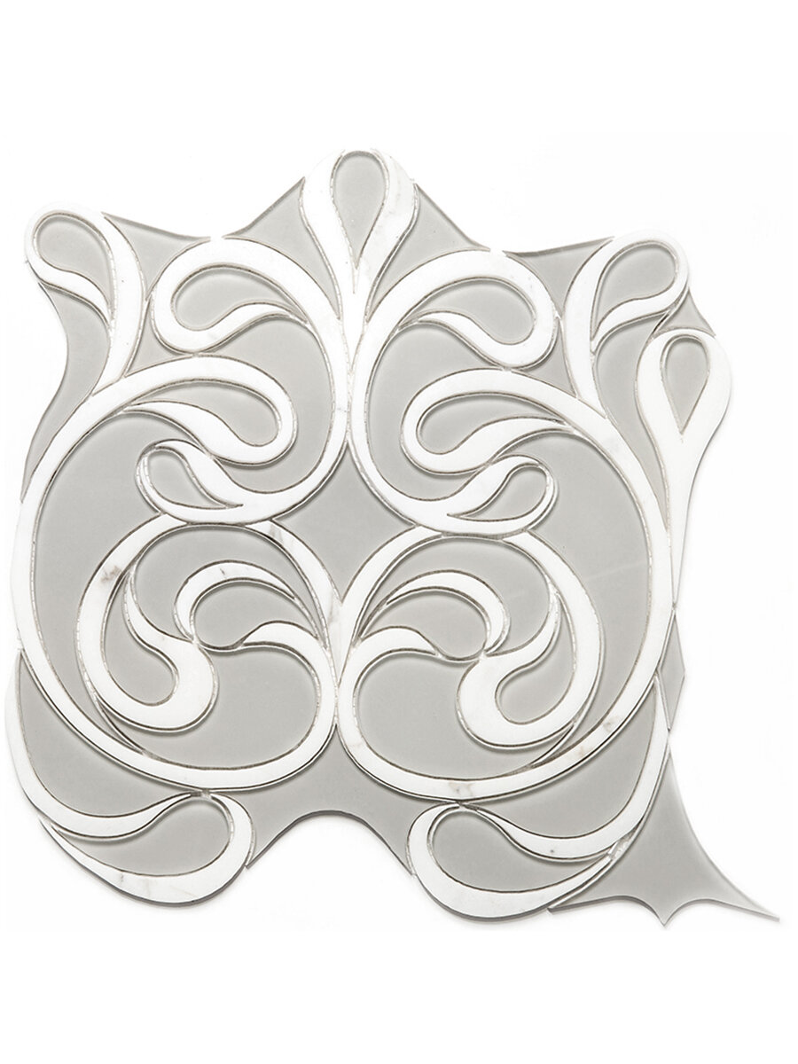 Плитка мозаика из стекла и мрамора на сетке Calacatta Waterjet Skalini Trellis, размер листа 348x348 мм, толщина 8 мм