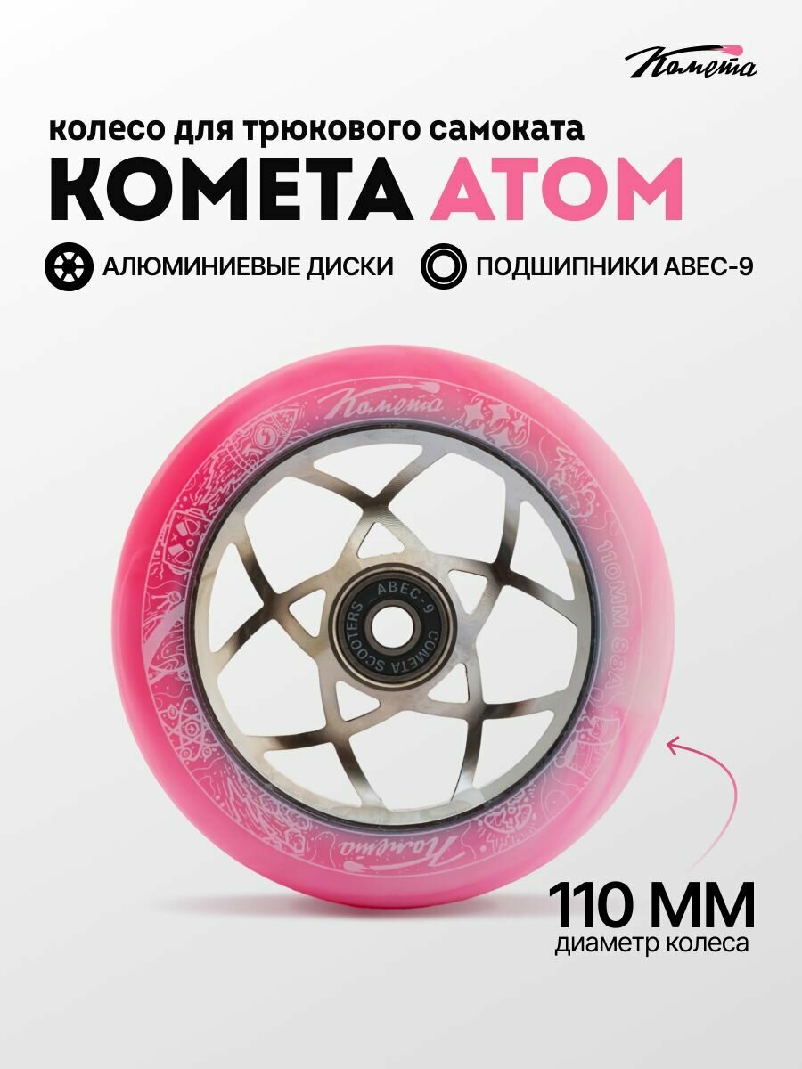 Колесо для трюкового самоката Комета 110мм Атом (Бело-розовый / Хром)