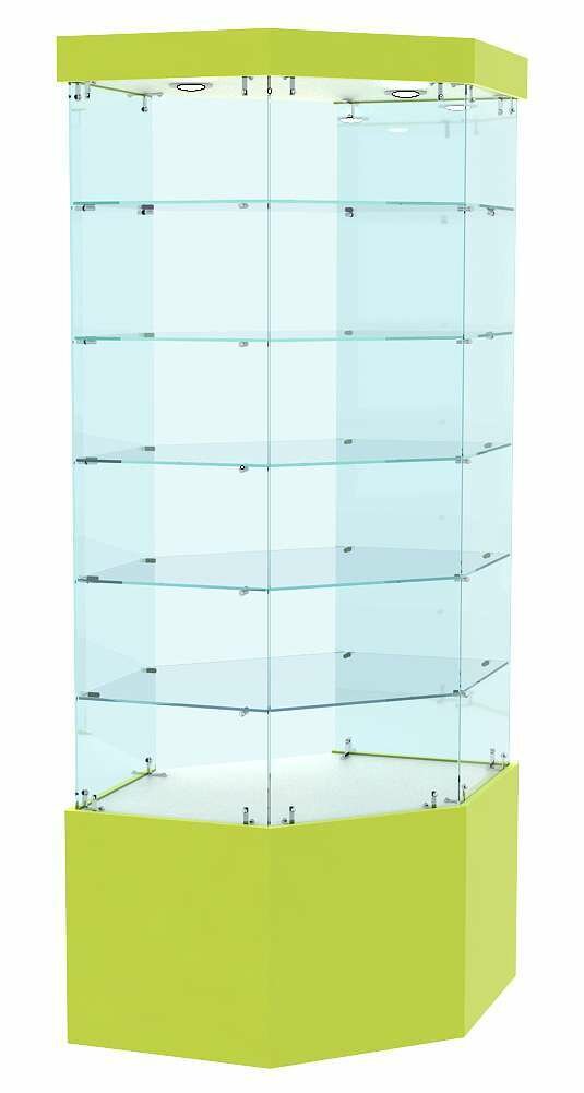 Угловая стеклянная витрина для аптеки с пятью полками и подсветкой серии лайм №9117
