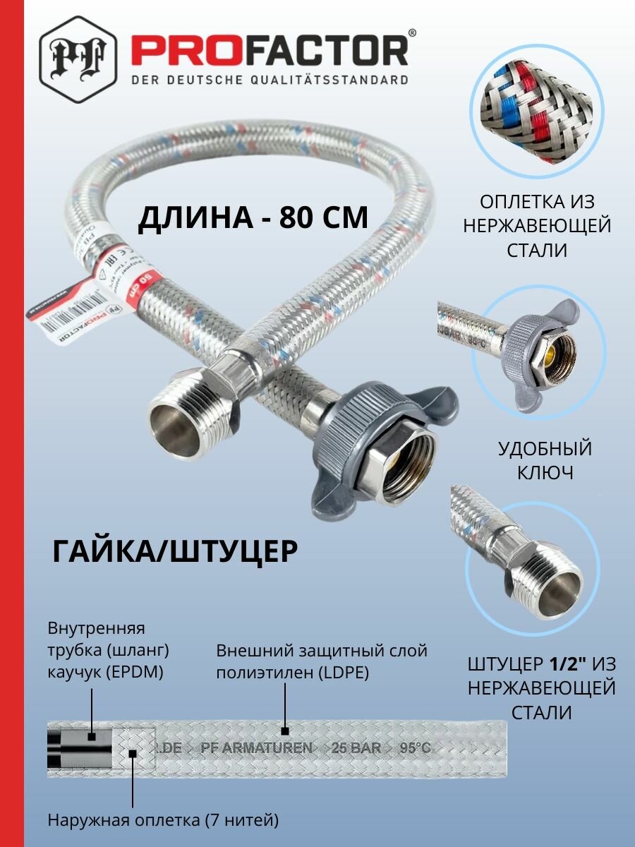 Подводка для воды 1/2 гайка-штуцер, полимерное покрытие LUXe PF524.80