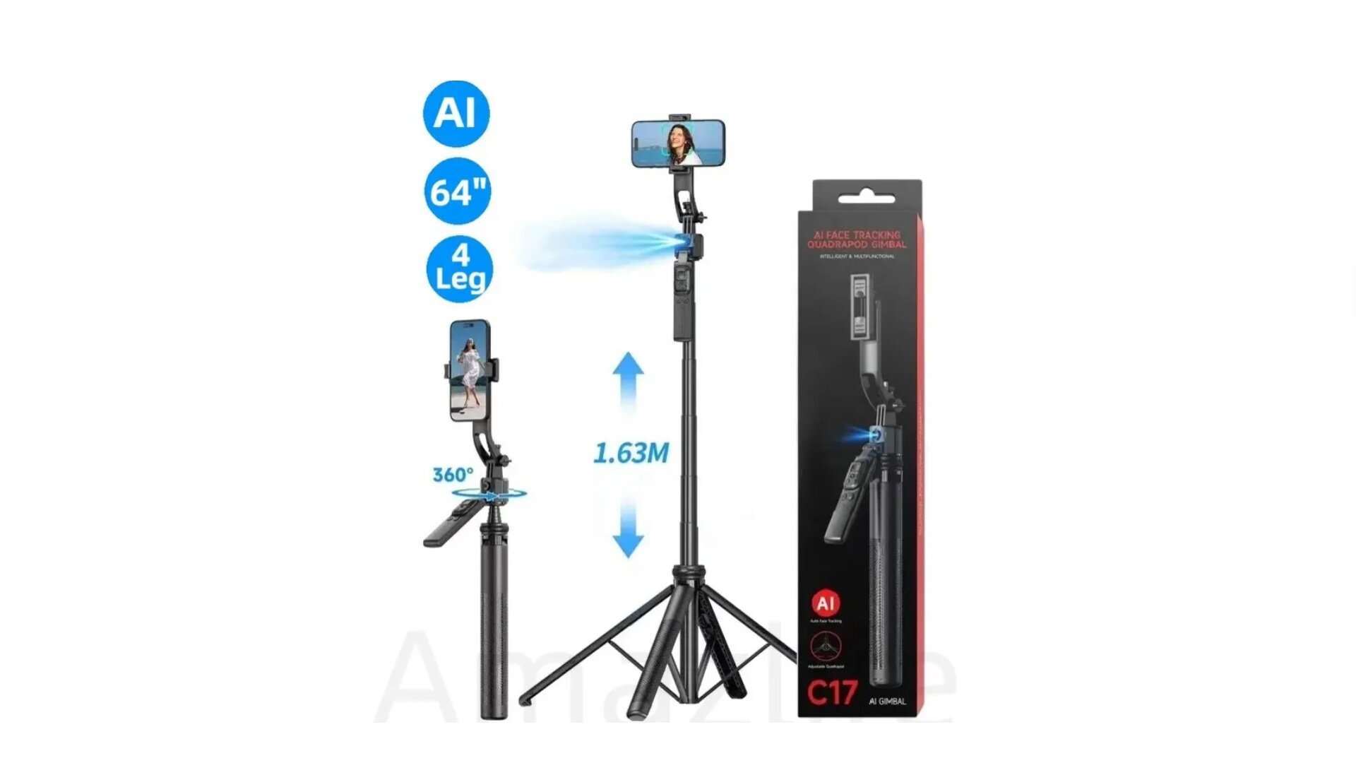 Трипод для селфи c датчиком отслеживания Quadrapod Gimbal Al Face Tracking C17, Android/iOS, 36-163 cм, , Черный