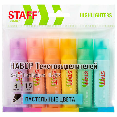 Набор текстовыделителей 6 пастельных цветов, STAFF "EVERYDAY HL-707", линия 1-5 мм, скошенный наконечник, 152551