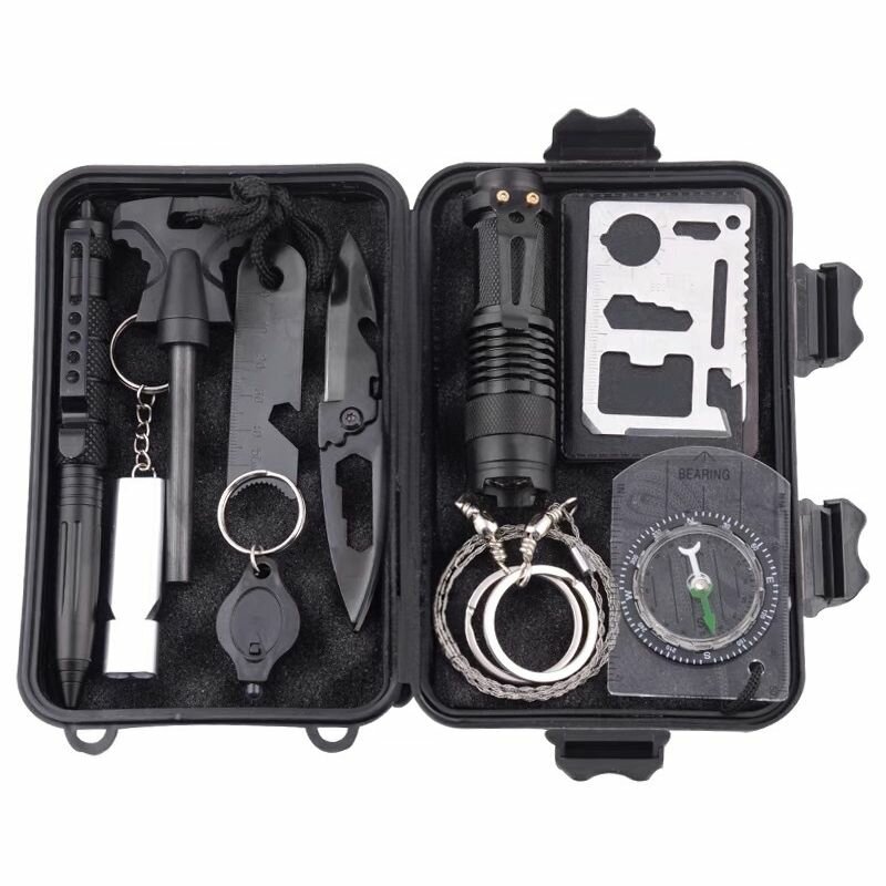 Тактический набор для выживания 10 предметов в черном кейсе