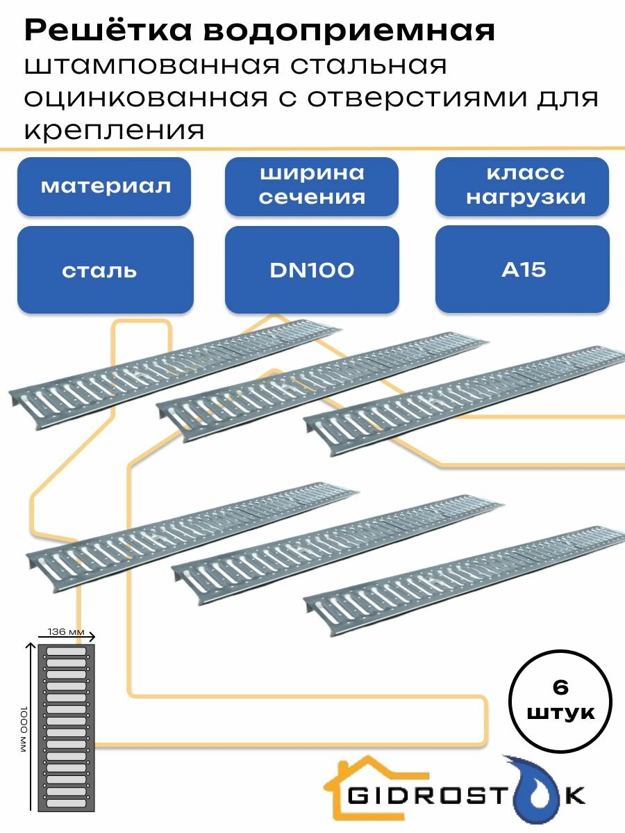 Решётка водоприёмная штампованная стальная оцинкованная DN100 1000мм х 136мм с отверстиями для крепления, класс А15 (комплект 6 штук)