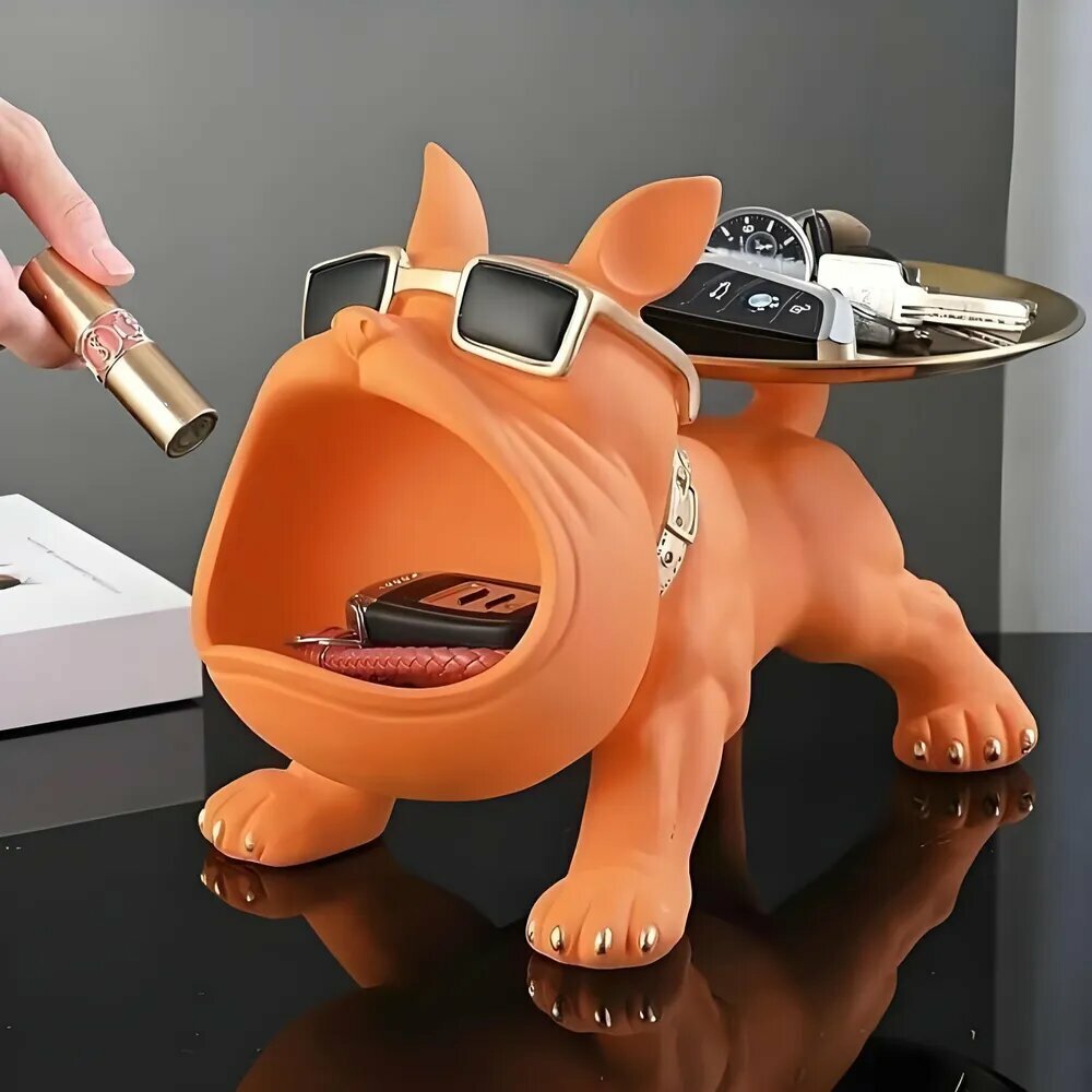 Статуэтка интерьерная французский бульдог в современном стиле, декоративная подставка для мелочей, конфетница, собака с подносом